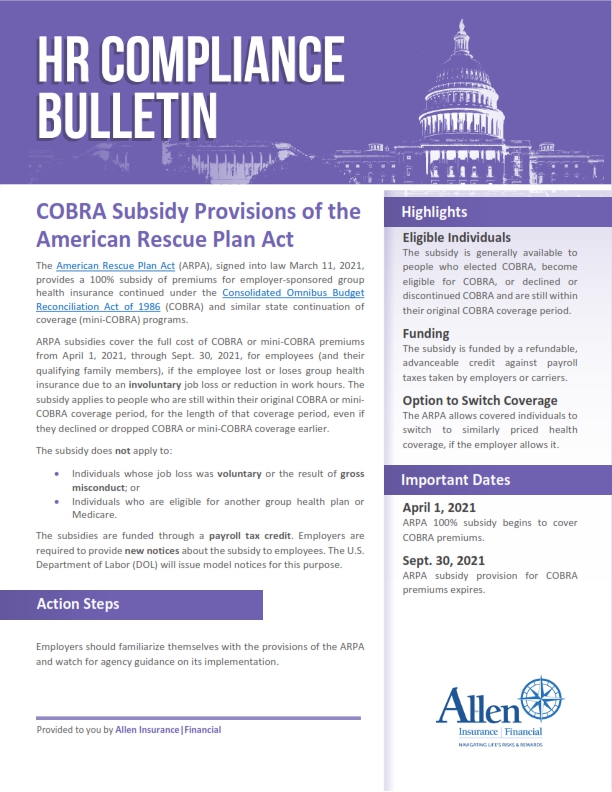 COBRA Subsidy Provisions of the American Rescue Plan Act - Allen ...
