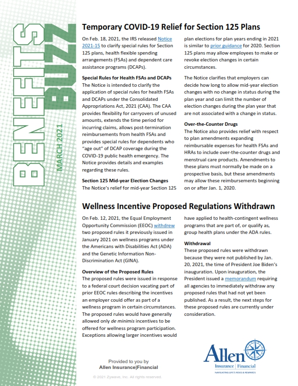 March 2021 Benefits Buzz: Temporary COVID-19 Relief for Section 125 ...